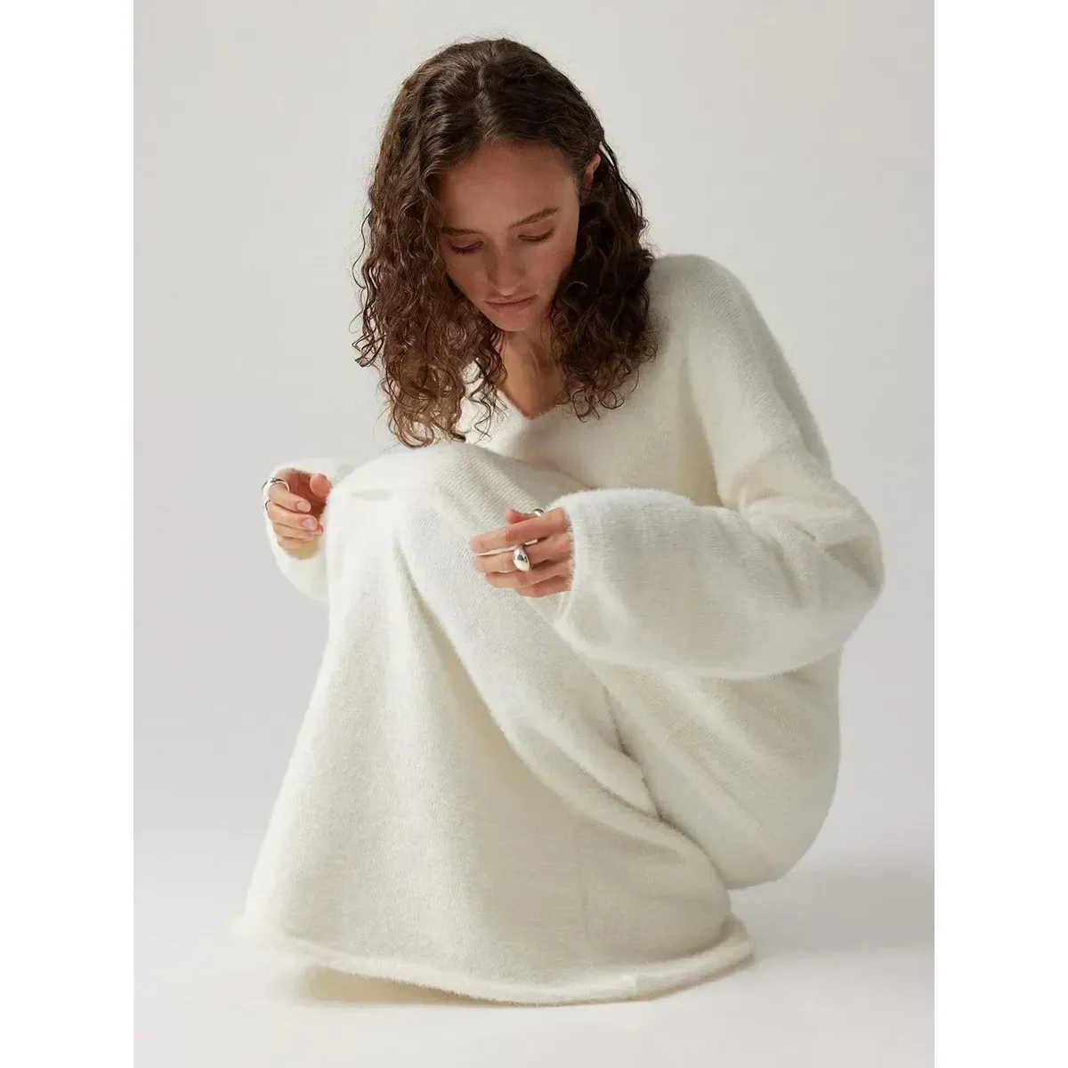 Cozy knit V neck sweater skirt set elastic waistband – Kawaii Stop