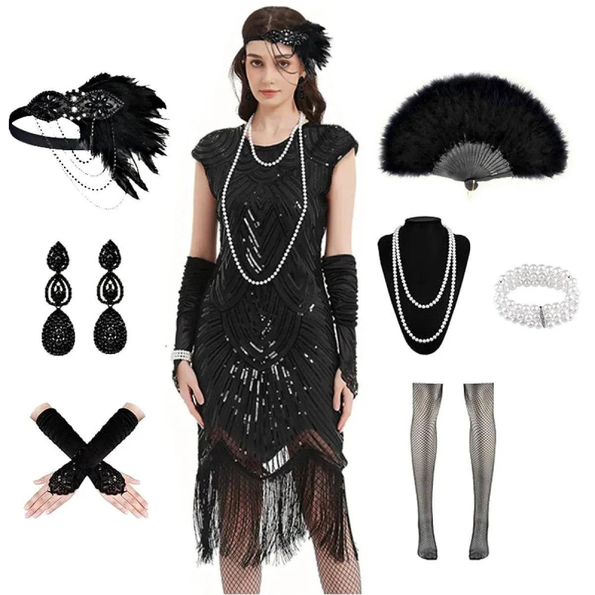 1920s Flapper Sequin Fringe Dress Set for Cosplay and – Kawaii Stop