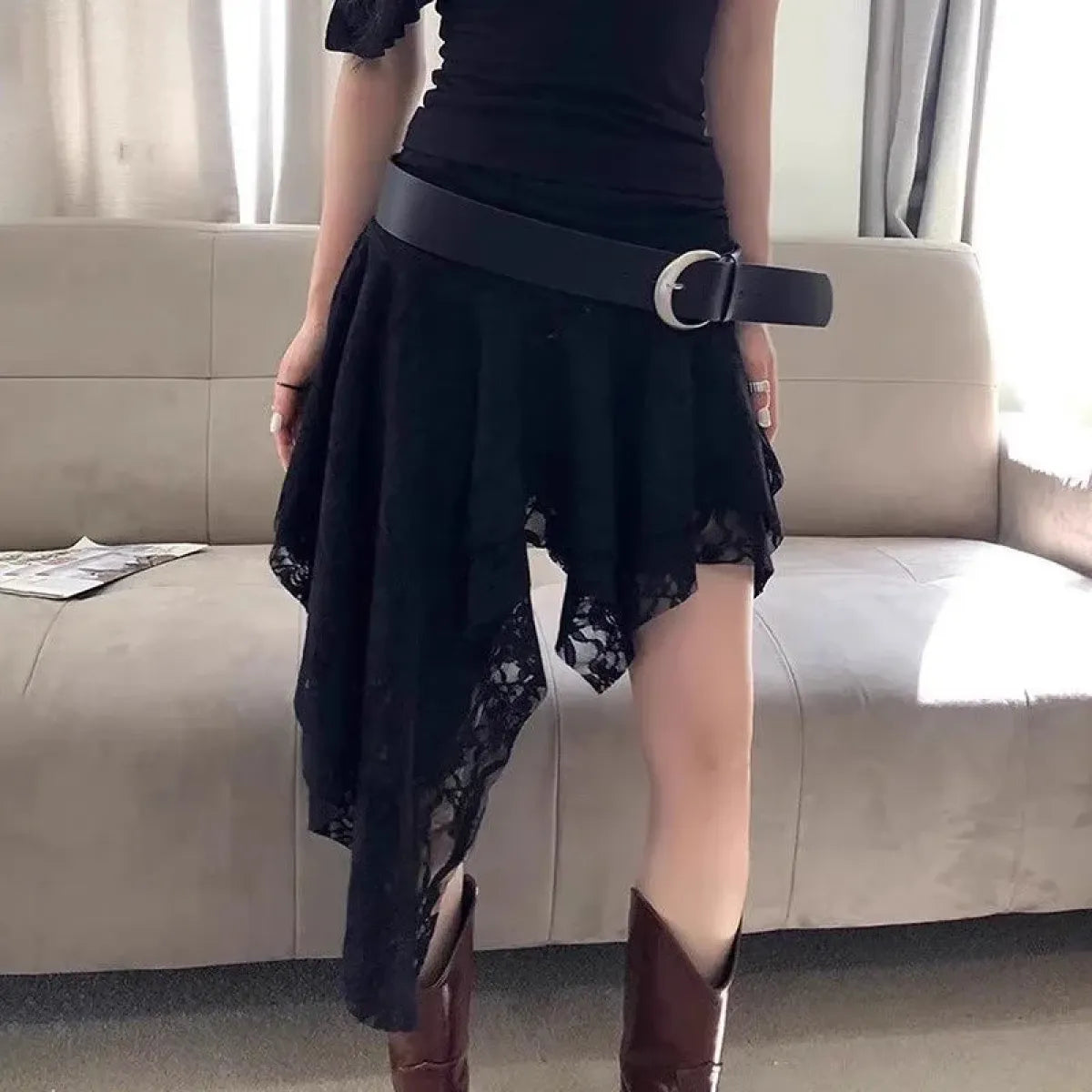 Gothic Lace Asymmetrical Skirt Edgy Streetwear Style – Kawaii Stop