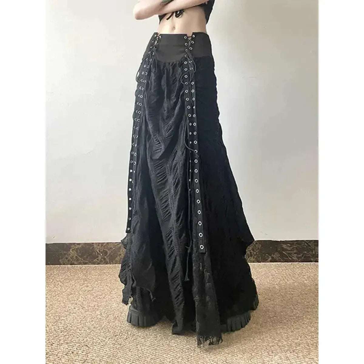 Gothic Lace Patchwork Maxi Skirt for Edgy Y2K Looks – Kawaii Stop