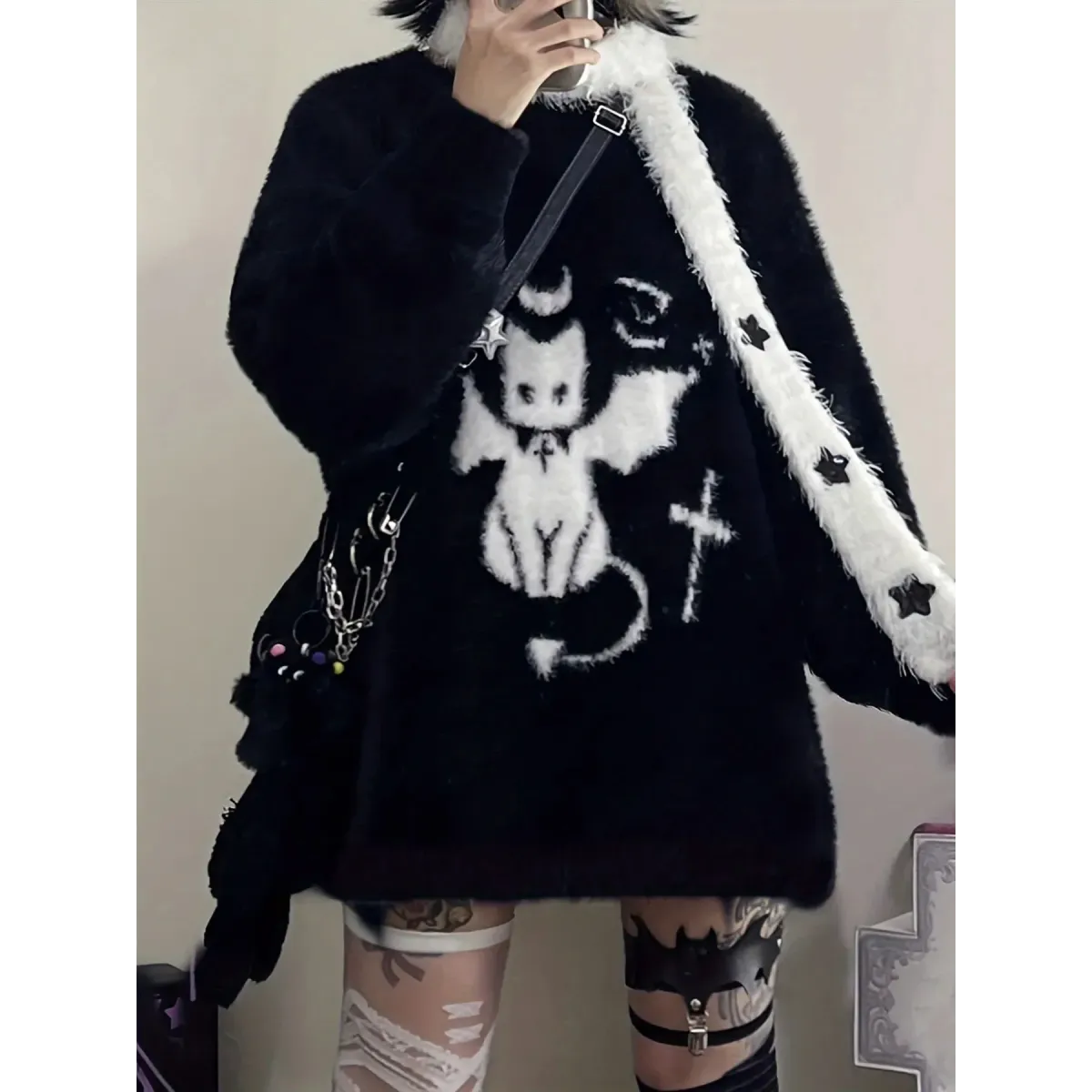 Harajuku Gothic Bat Cat Oversized Knit Sweater – Kawaii Stop