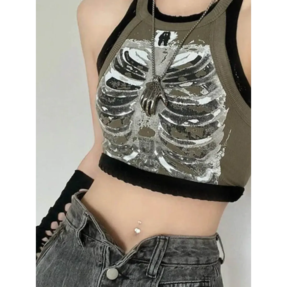 Punk Skeleton Ribcage Graphic Crop Top for Edgy Styles – Kawaii Stop