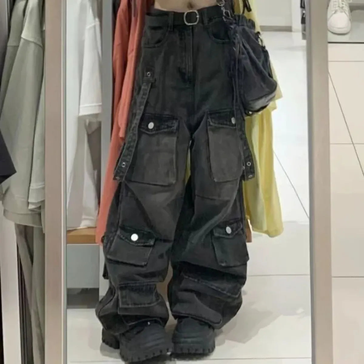 Y2K Goth Cargo Stacked Wide Leg Denim Pants – Kawaii Stop